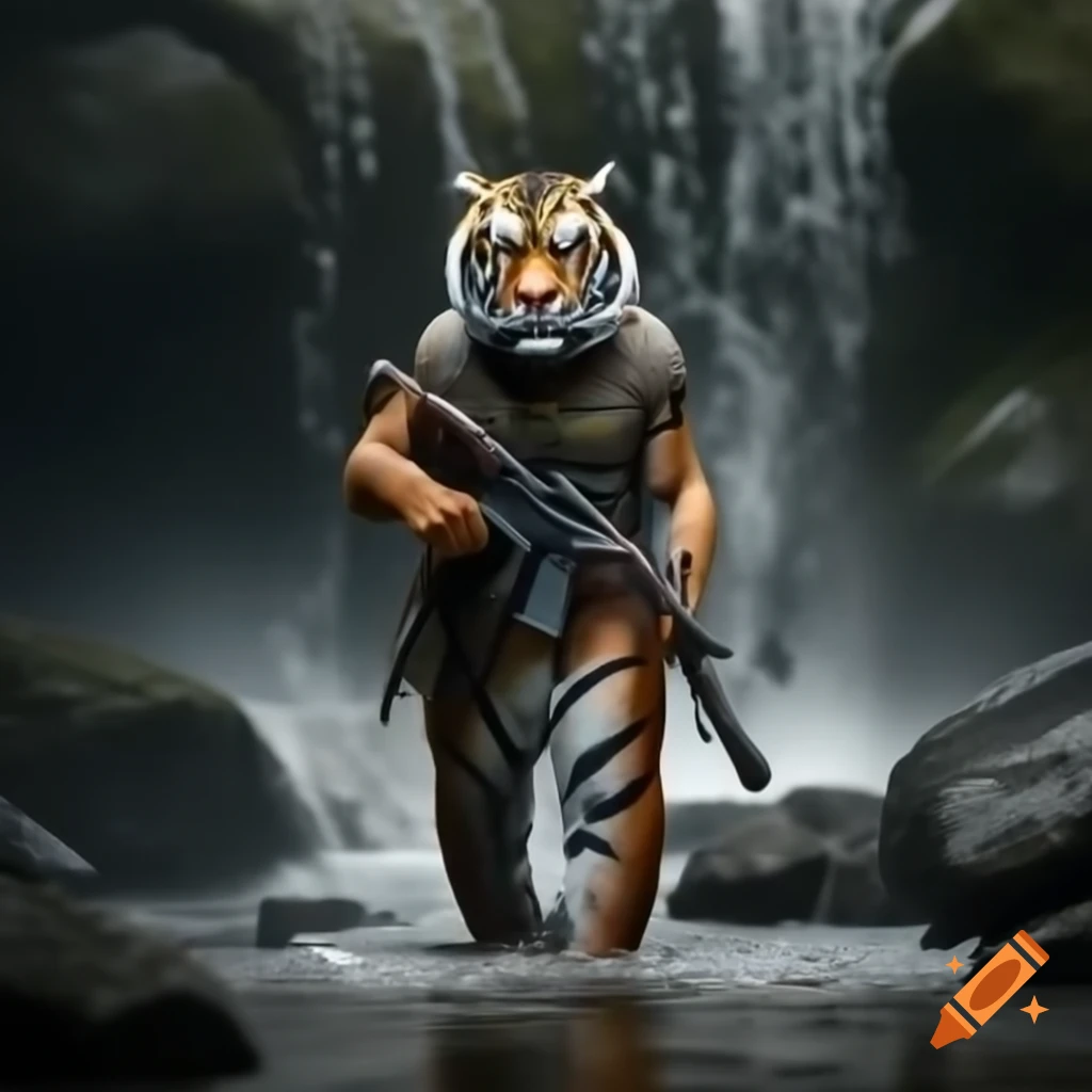 Tiger in bodybuilder attire standing with rifle near waterfall on Craiyon