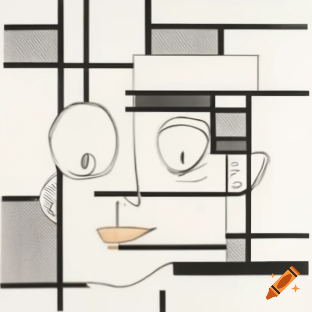 Abstract drawing of a silly face in mixed media with geometric shapes ...