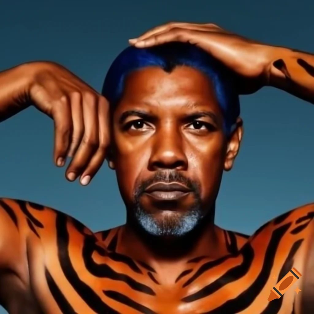 Denzel Washington with tiger-style makeup and vibrant colors on Craiyon