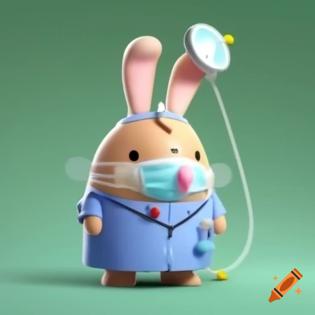 Cartoon rabbit in anesthesiologist attire with anesthetic mask on Craiyon
