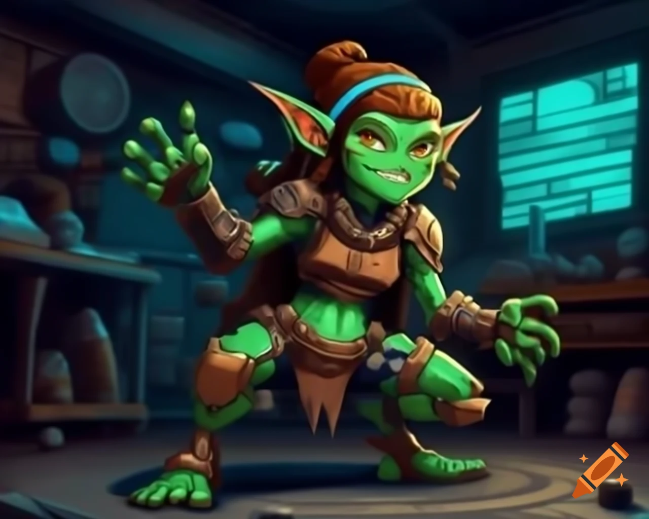 Energetic green-skinned goblin girl cyborg in futuristic workshop ...