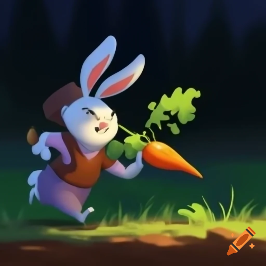 White rabbit stealing carrot at midnight while being chased by angry ...