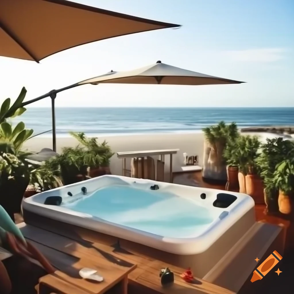Beach terrace with jacuzzi, table, chairs, parasol, and lush green ...