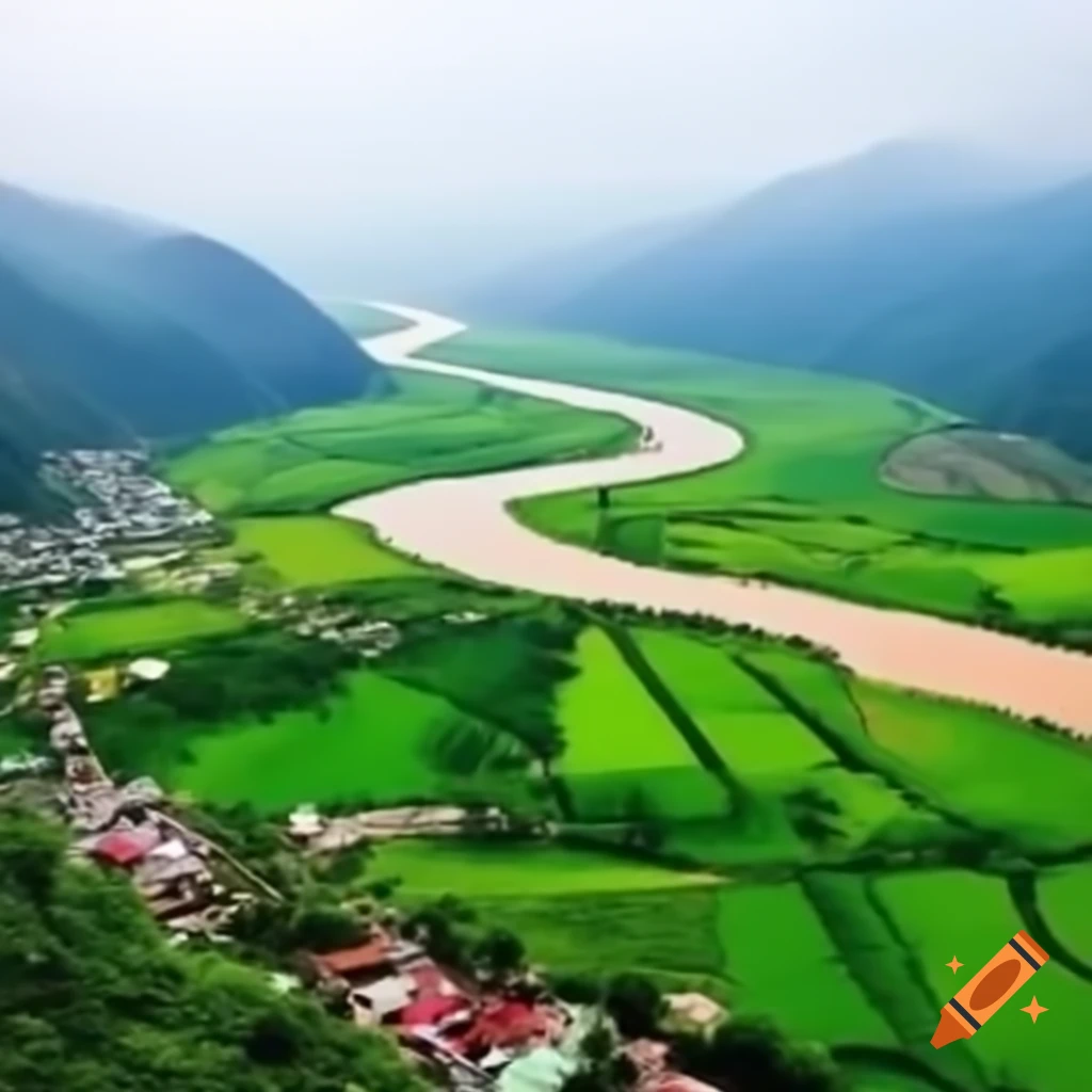 Aerial view of Indian village with green farm plots and river on Craiyon