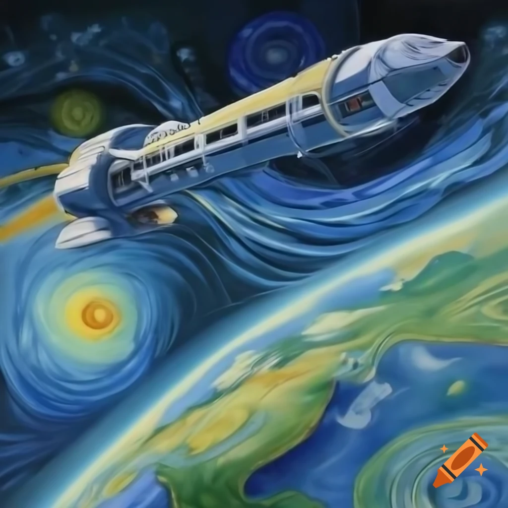 Van Gogh style painting of spaceship in space with Earth in background ...