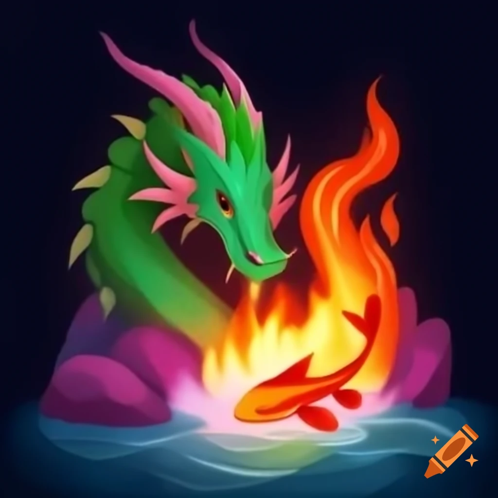 Green and pink dragon breathing orange and red fire alongside a koi ...