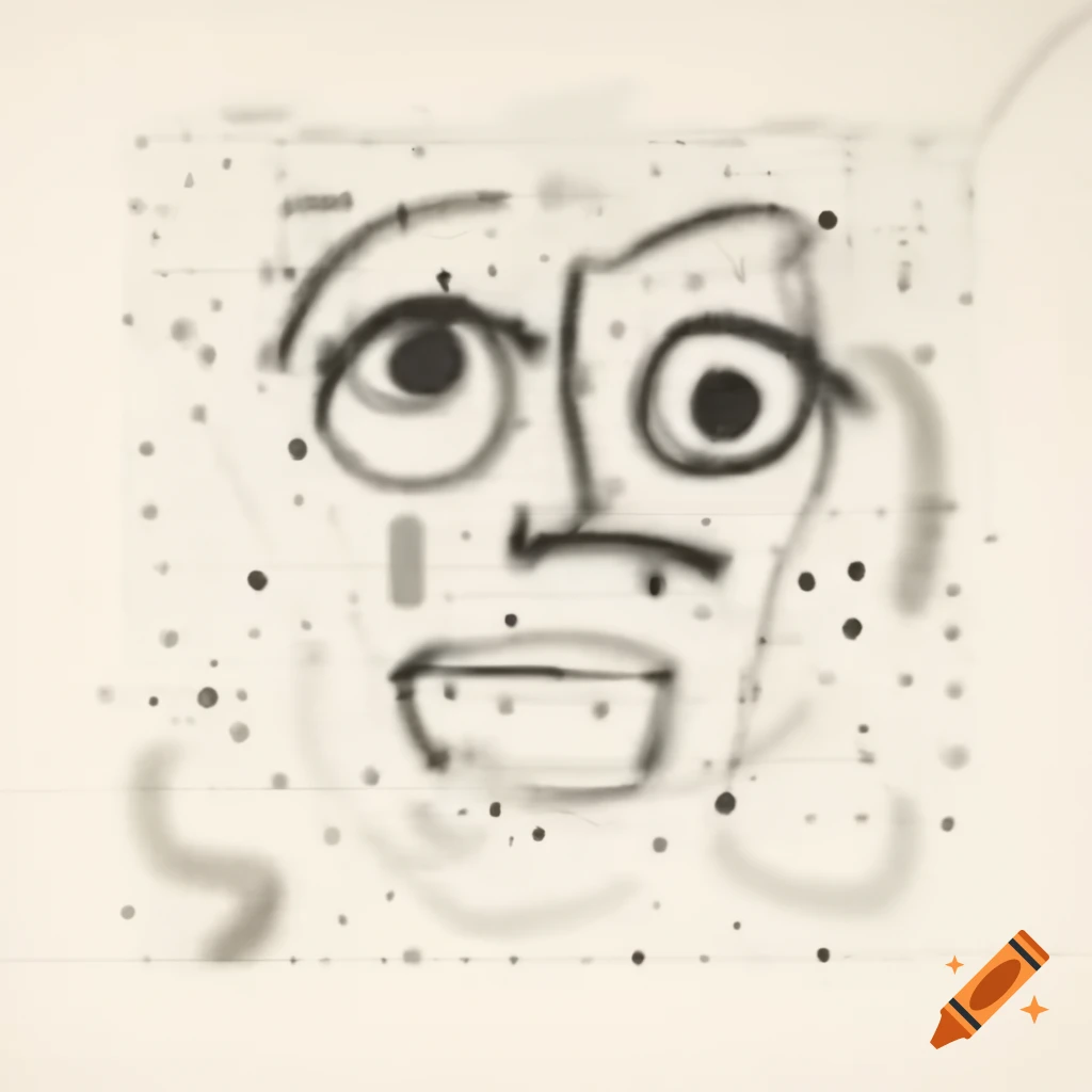 Abstract line drawing of a silly face with mixed media textures and ...