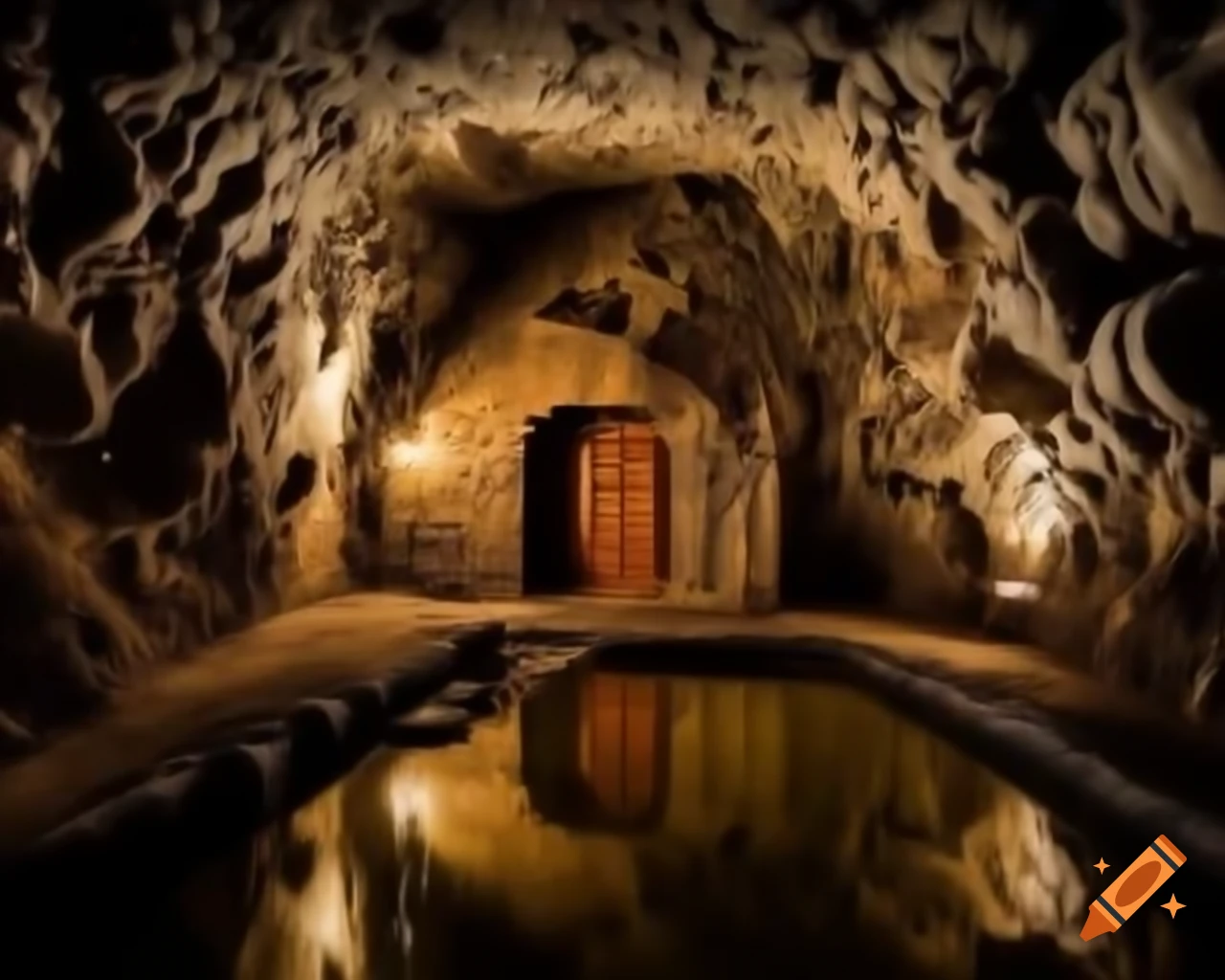 Candle lit underground mine with wooden beams and rustic door on Craiyon