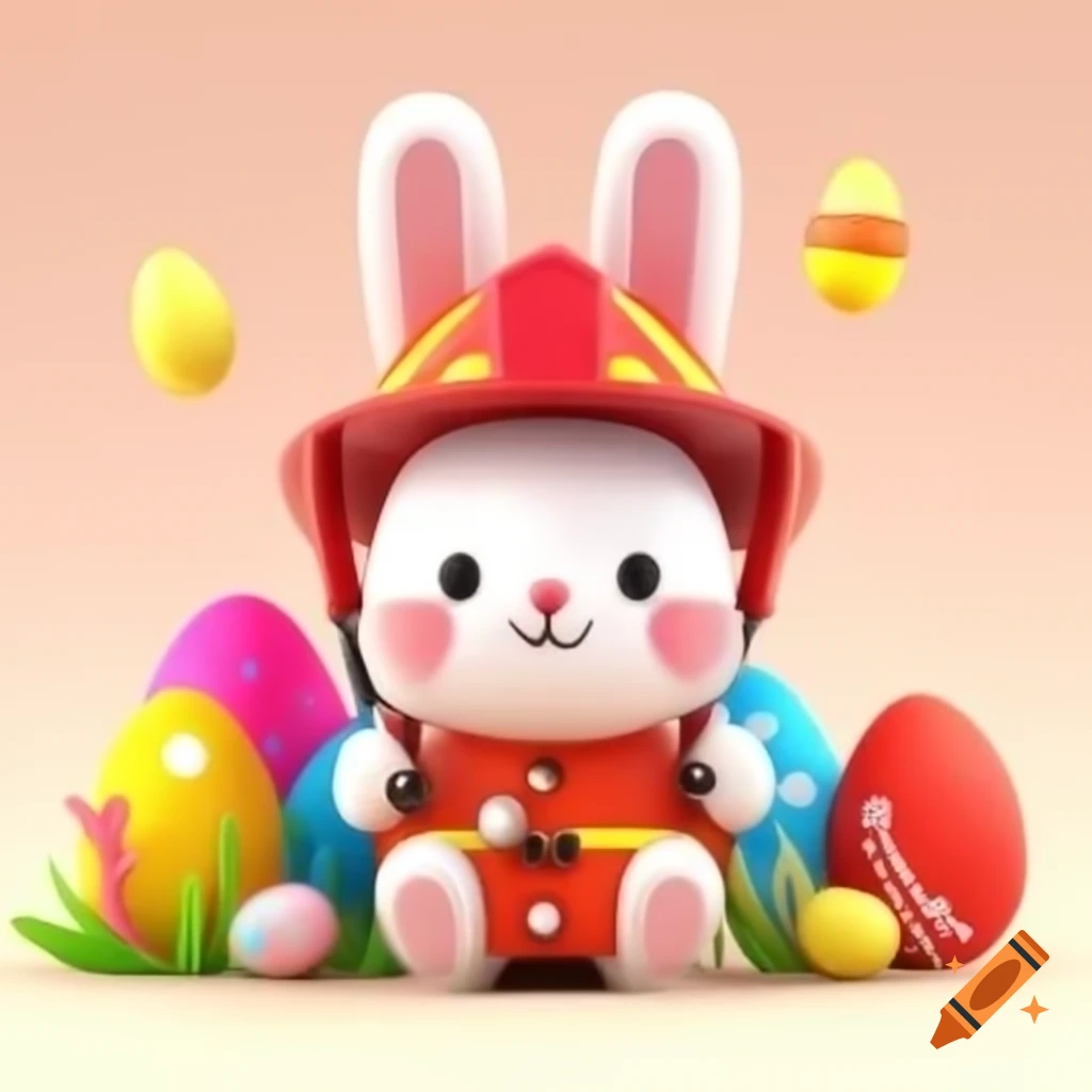 Easter bunny as firefighter with easter eggs and 'Happy Easter' text on ...