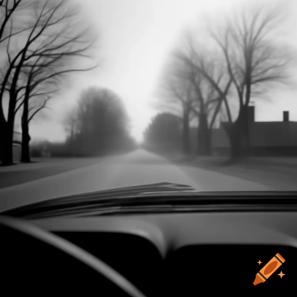 Black and white film noir driver's POV of car speeding through rural ...