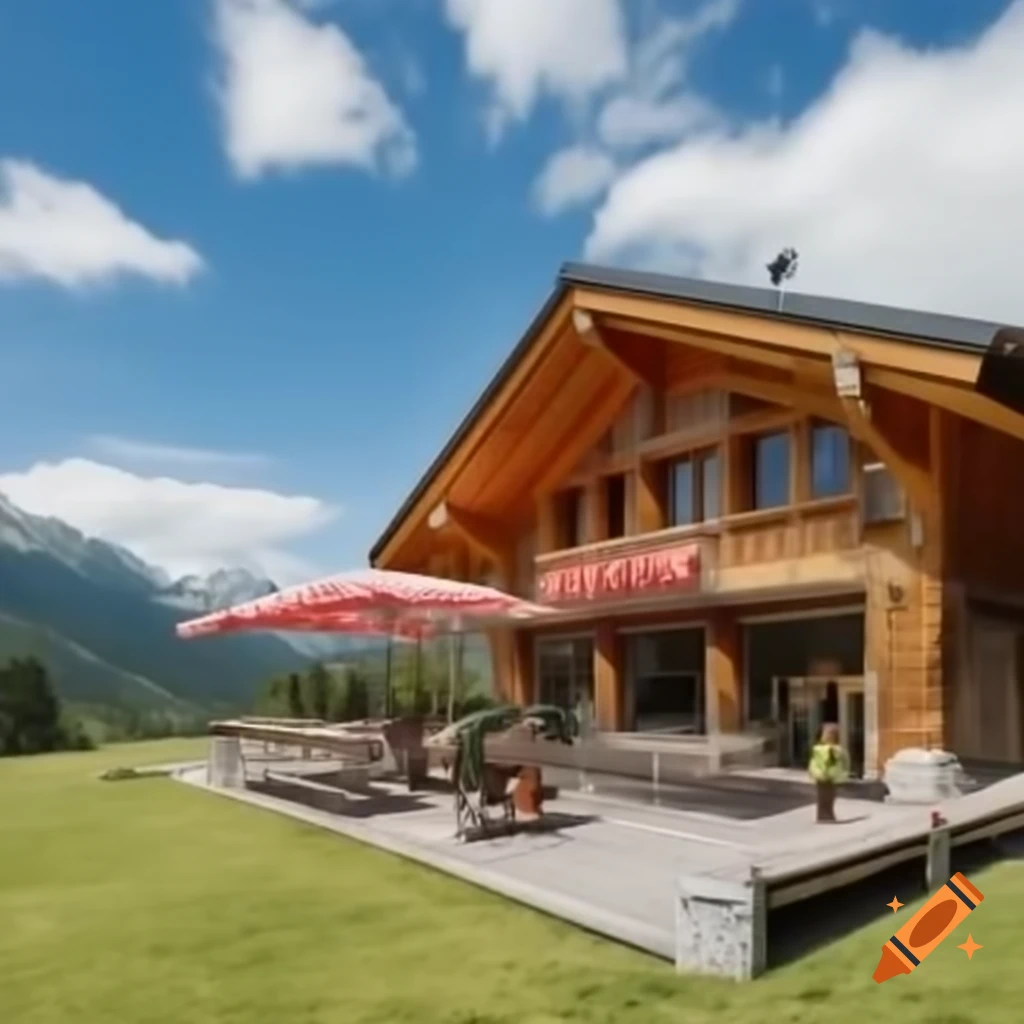 Exterior view of a mountain chalet restaurant named Le resto des cœurs ...