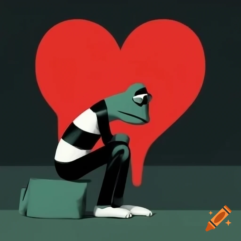 Depressed frog-humanoid under colorful giant heart in black and white ...