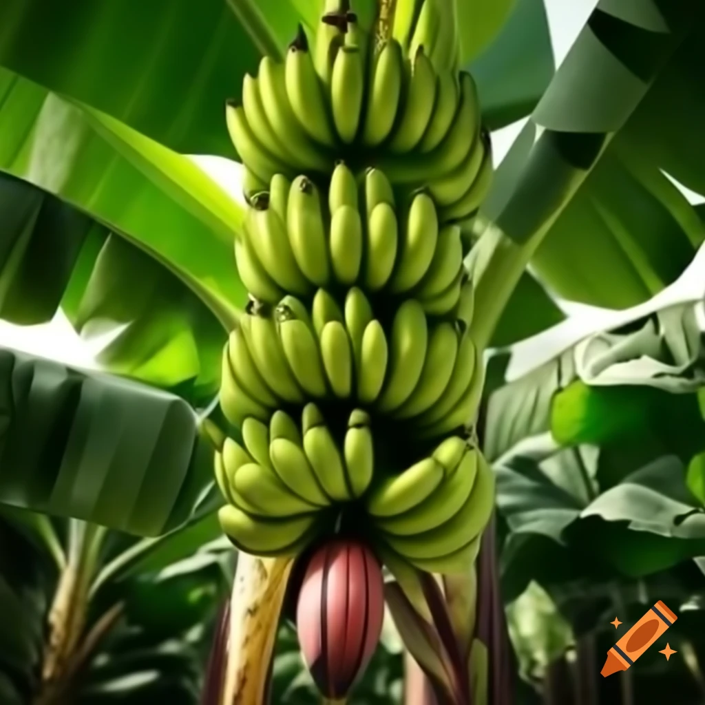 Realistic photograph of banana tree with glowing ripe bananas hinting ...