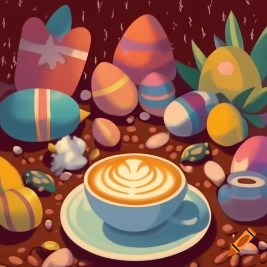 Easter themed image featuring coffee cup with latte art and decorations ...