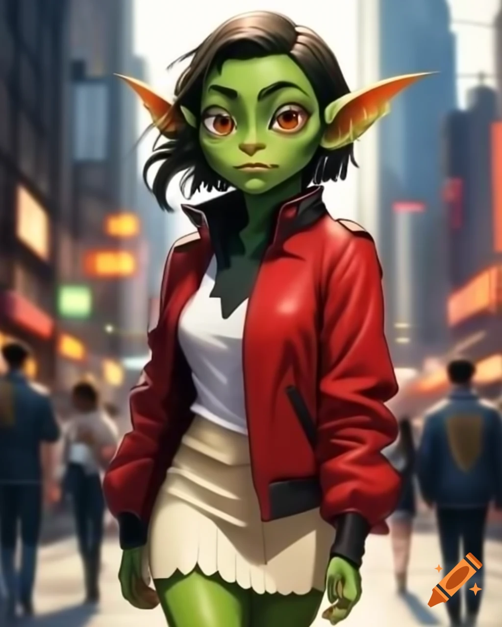 Mischievous green-skinned goblin girl in red jacket walking in crowded ...