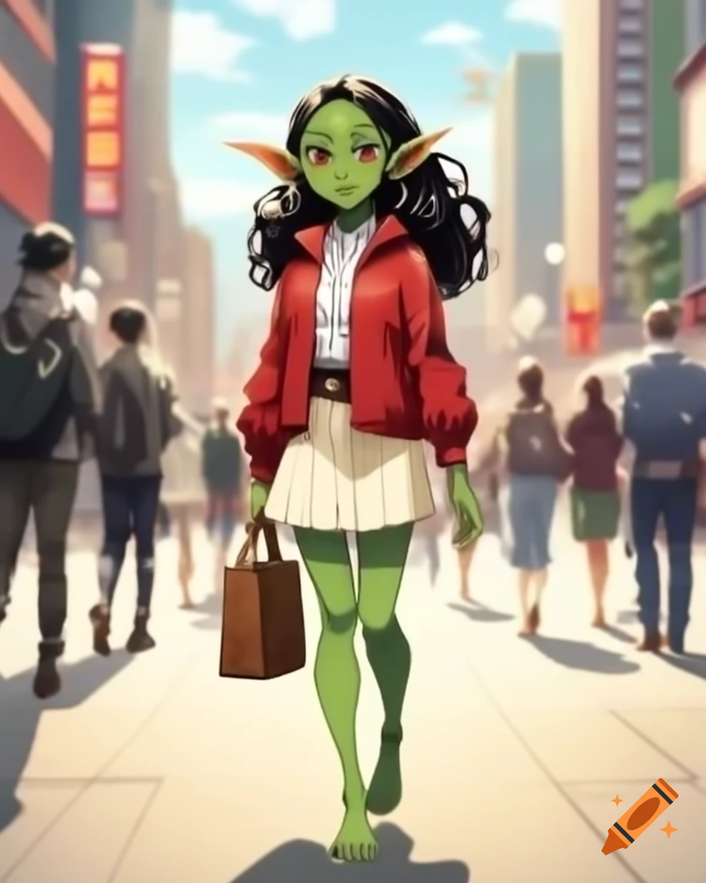 Mischievous green-skinned goblin girl in red jacket and cream skirt ...