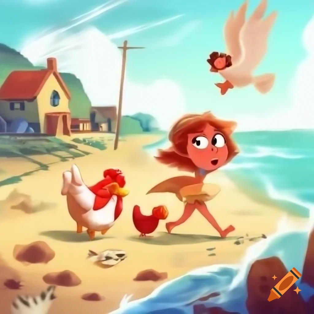 Story of a curious red cat named Ruby exploring a village by the sea on Craiyon