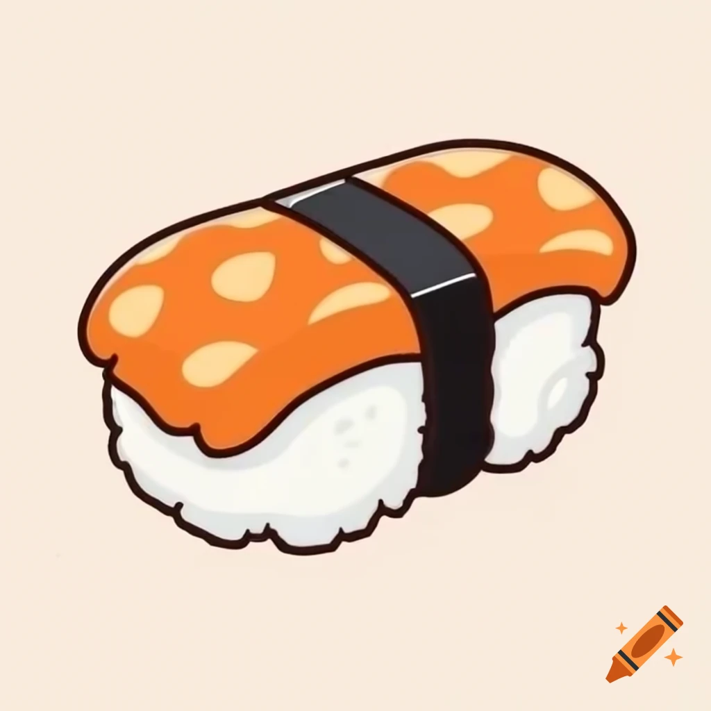 Tanuki eating sushi among trees with black, white, and orange colors on ...