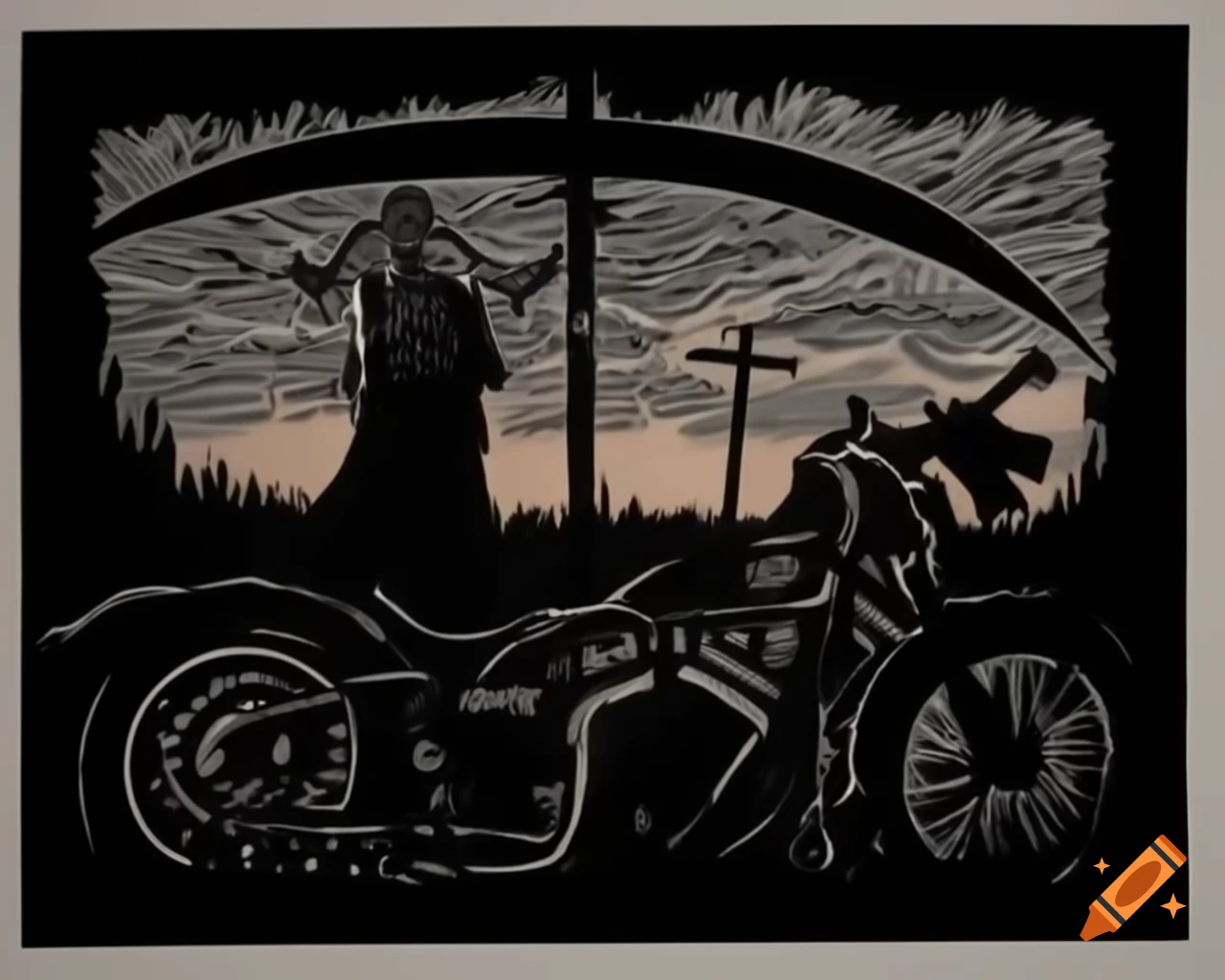 Linocut illustration of a weary man with crown of thorns dragging a ...