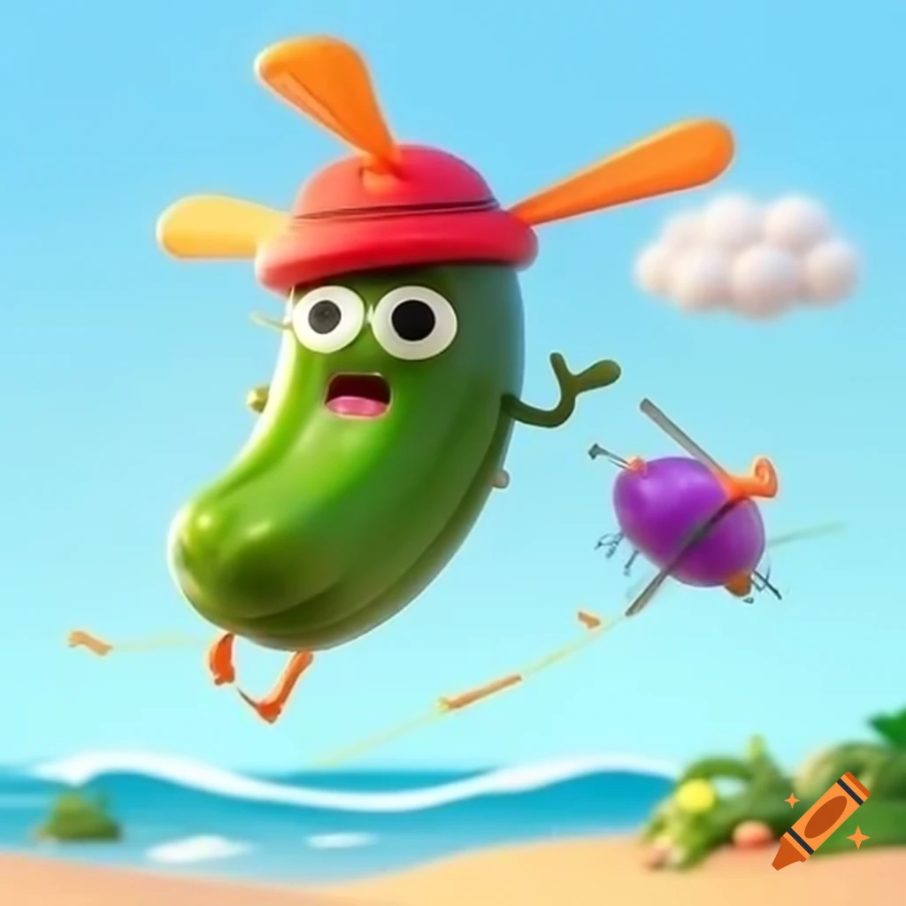Flying pickle resembling a helicopter wearing a red hat and colorful ...