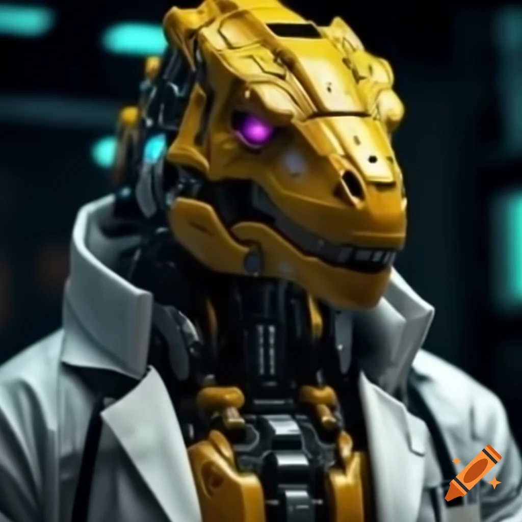 Cyberpunk dinosaur mech suit in lab coat on Craiyon