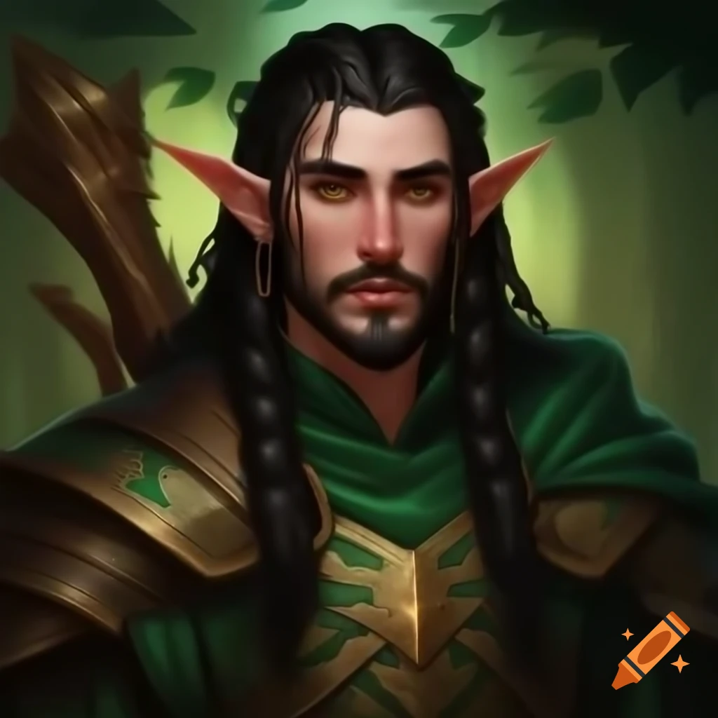 Handsome male high elf cleric in elegant armor, with long braided hair ...