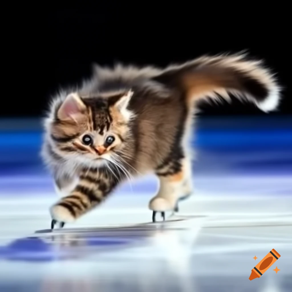 Black fluffy kitten ice skating on a frozen surface on Craiyon