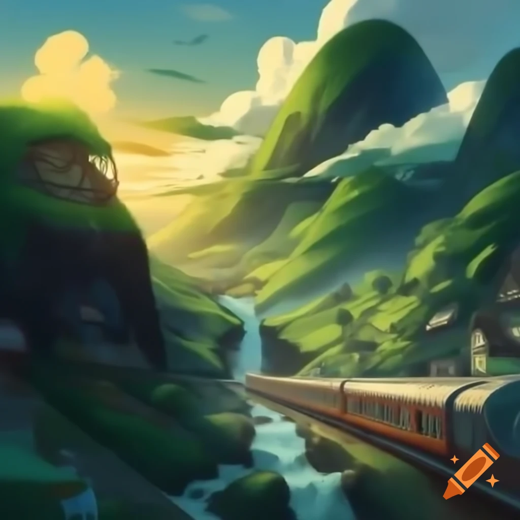Studio Ghibli-style hill station at golden hour with misty mountains ...