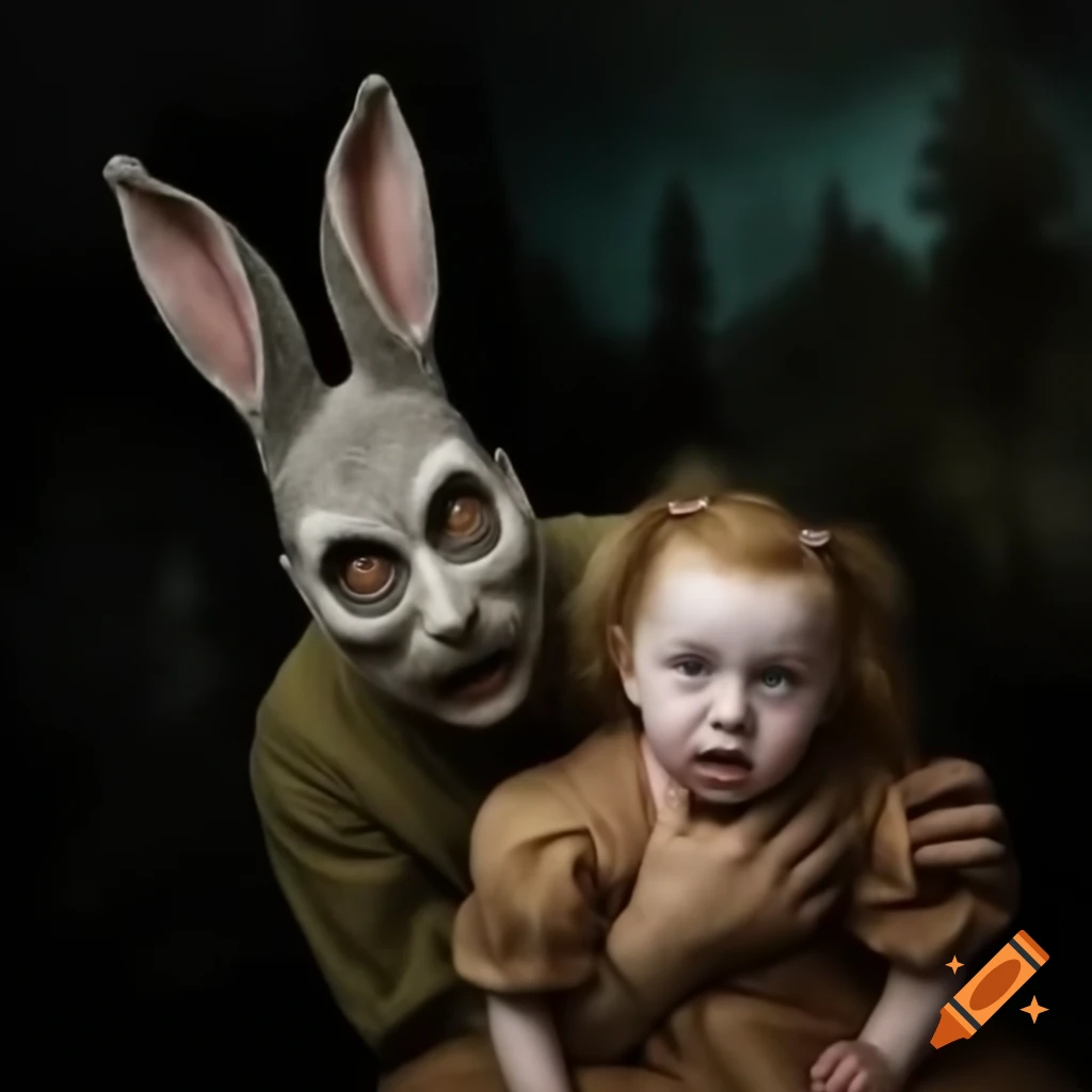 Vintage rabbit costume character follows child in dark forest, Edward ...