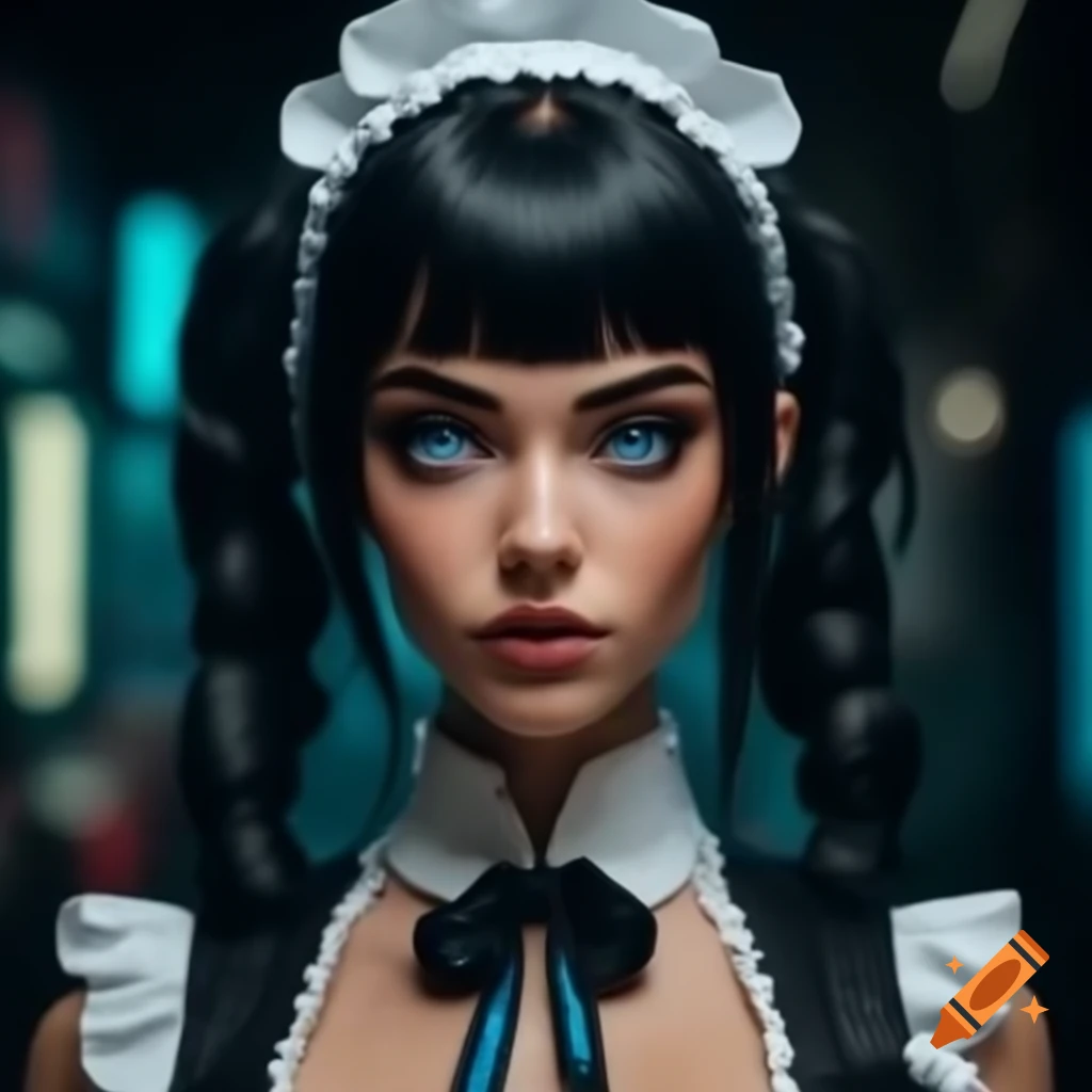 Cyberpunk woman with black hair and blue eyes in traditional French ...