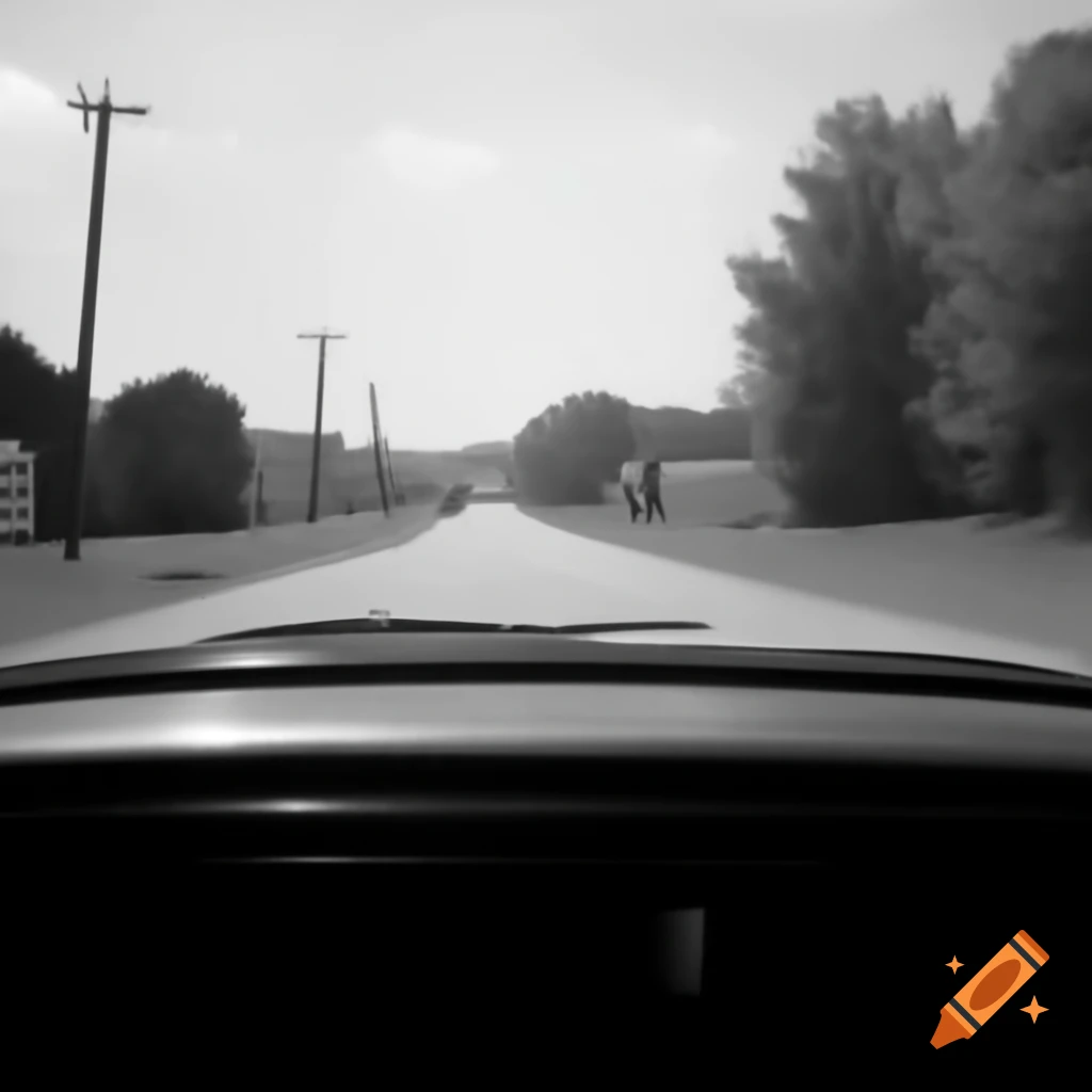 Black and white film noir driver's POV of car speeding through rural ...