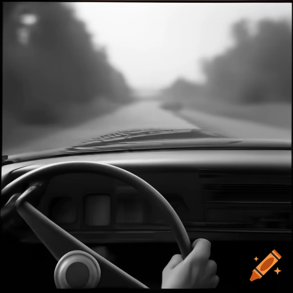 Black and white film noir driver's POV of car speeding through rural ...