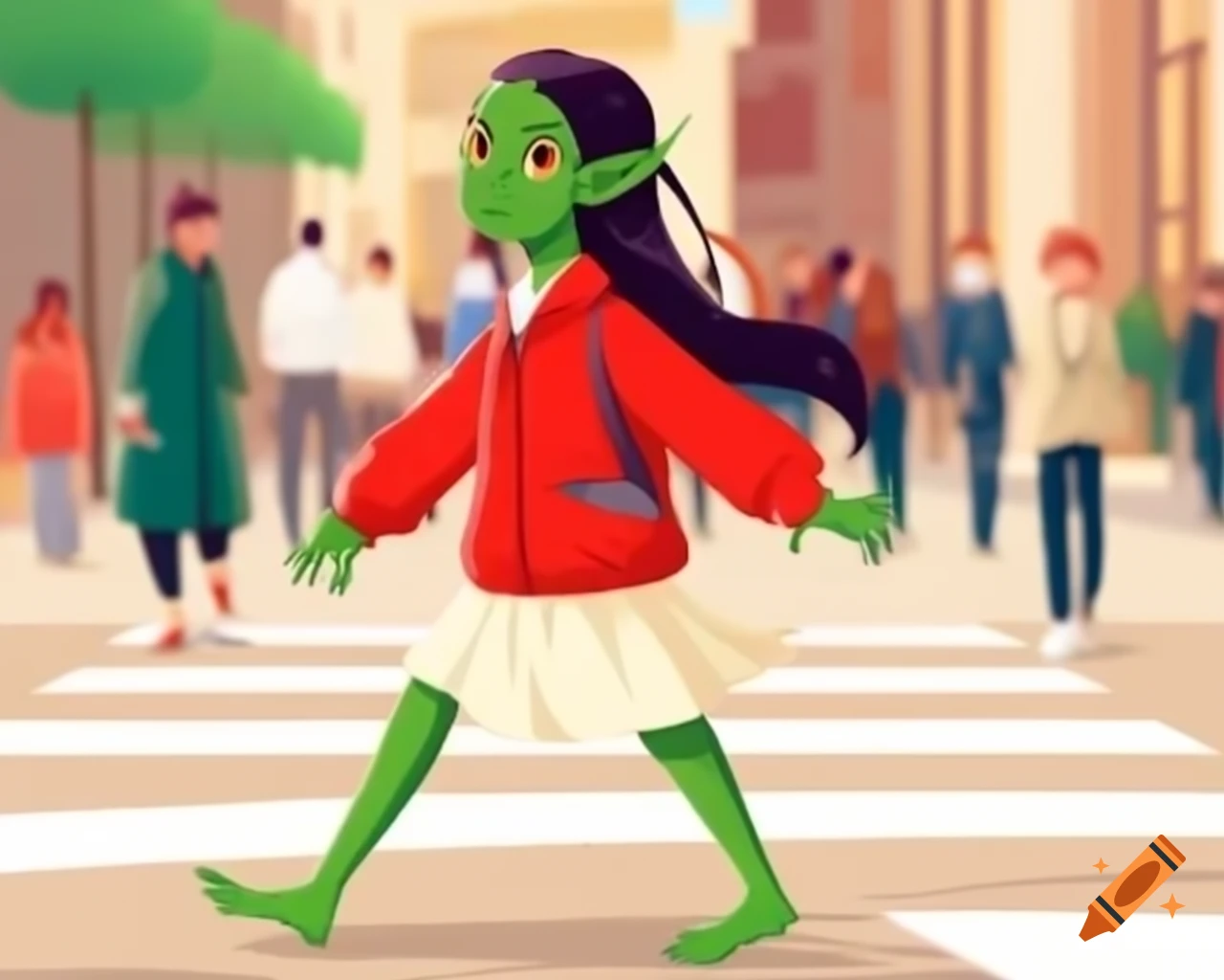 Mischievous green-skinned goblin girl in red jacket and cream skirt ...