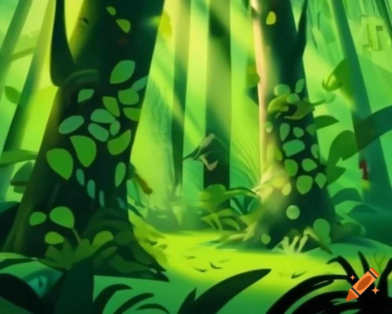 Pixar-style lush green forest with tall trees and playful character ...