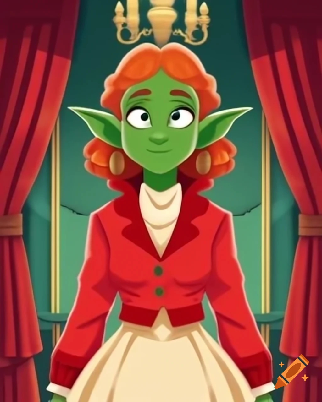 Cheeky green-skinned goblin girl in red jacket curtsying in mansion on Craiyon