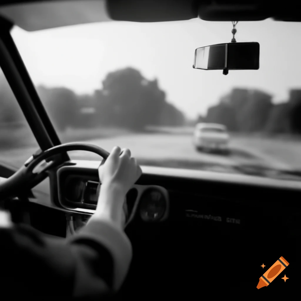 Black and white film noir driver's POV of car speeding through rural ...