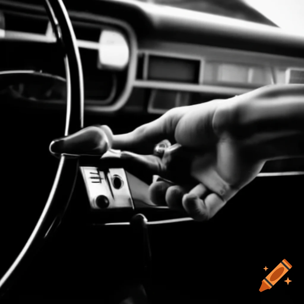 Black and white film noir closeup of hand turning metal key in 1973 ...