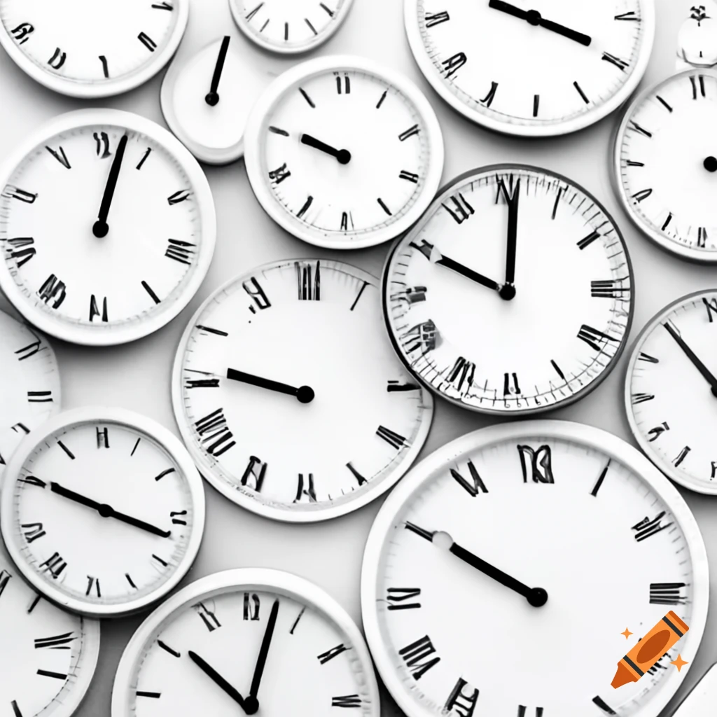 Overlapping clocks showing different times on white background on Craiyon