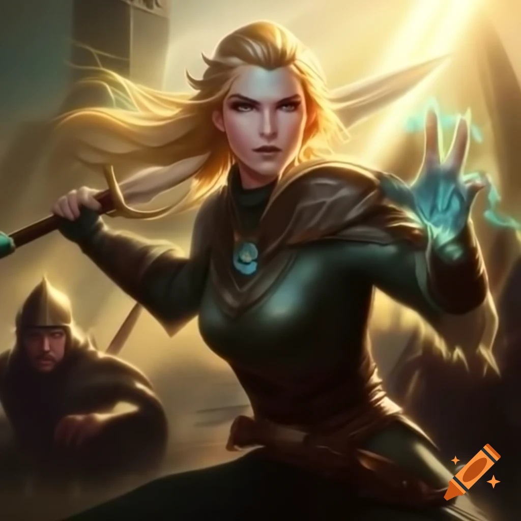 Photorealistic illustration of Elyndra, a Sun Elf military officer in ...