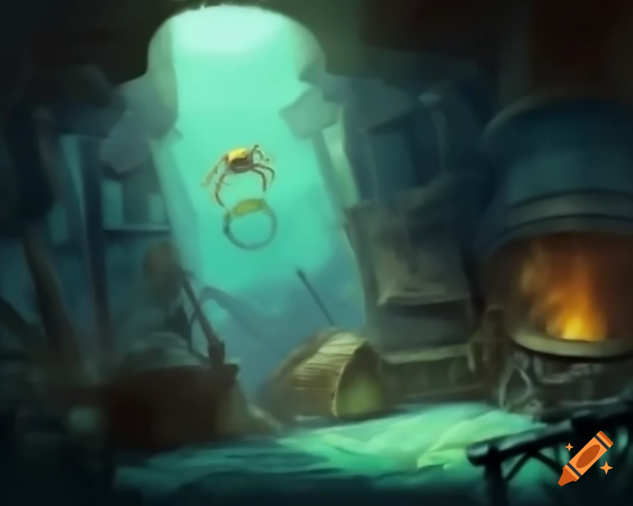 Underwater city featuring a blacksmith and tavern with a battle ...