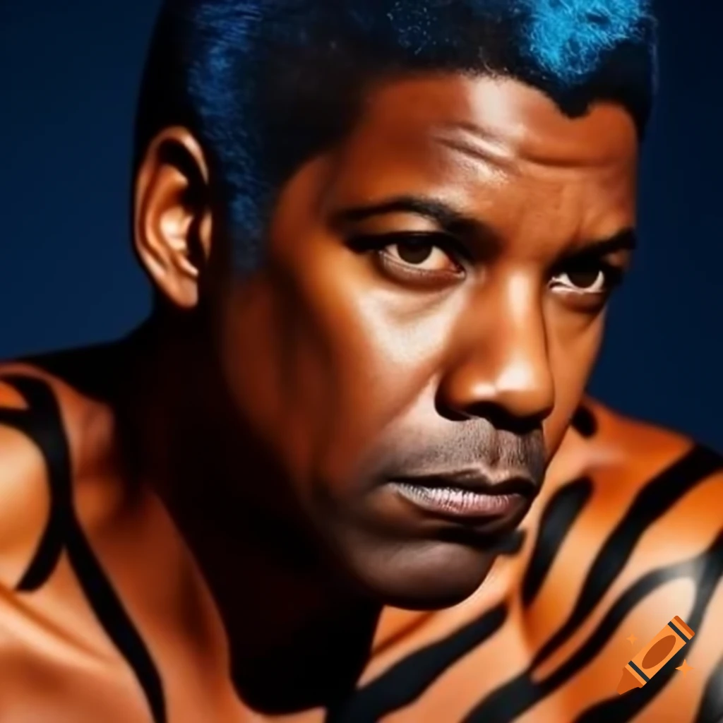 Muscular man with tiger-style makeup featuring blue hair and orange ...