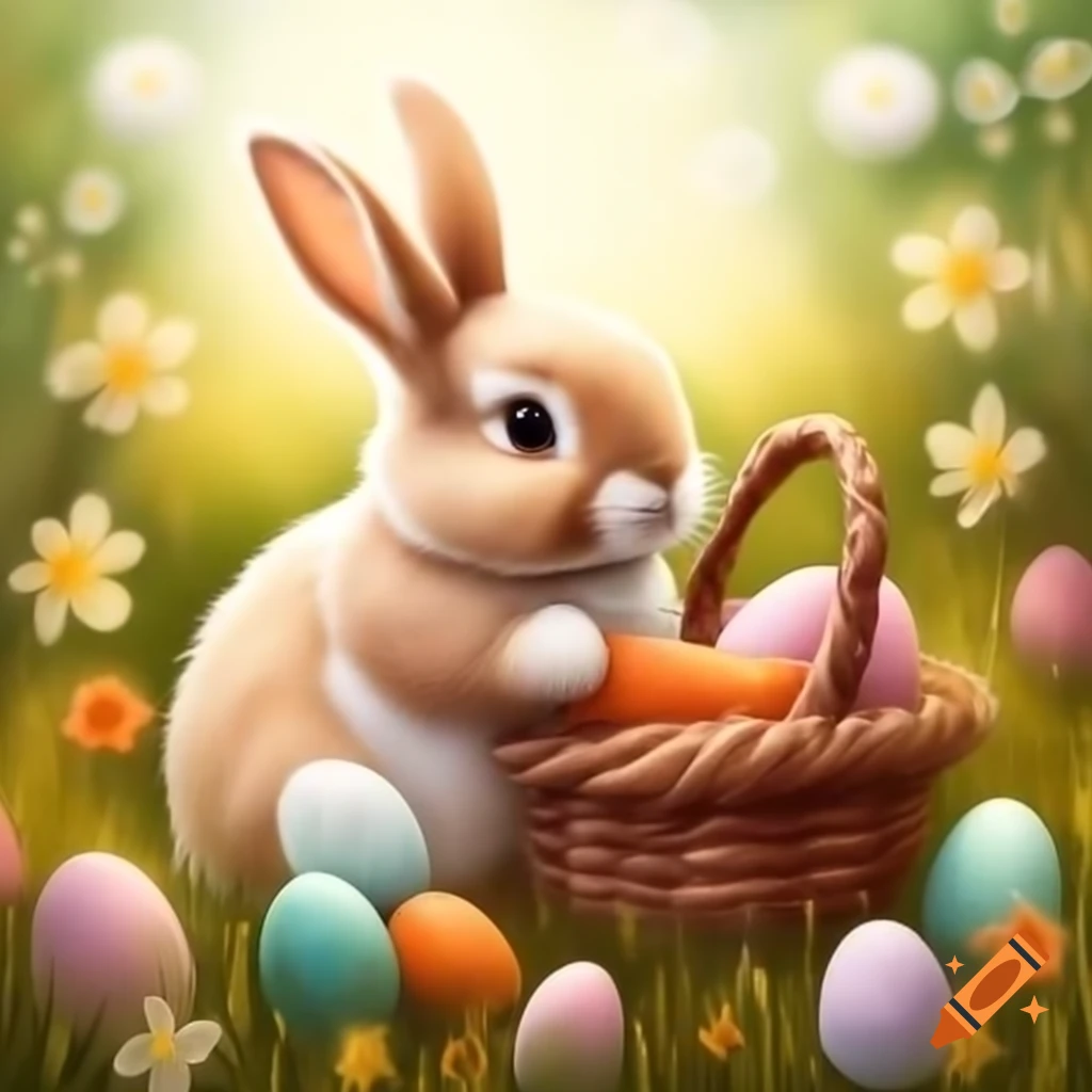 Fluffy Easter bunny in flower meadow with basket of Easter eggs and ...