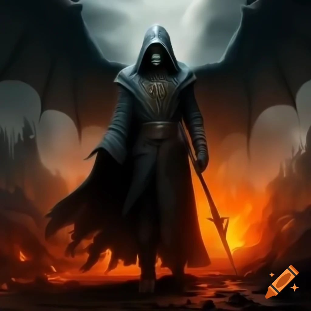 Cloaked wizard on scorched ground facing massive dragon in dark fantasy scene on Craiyon