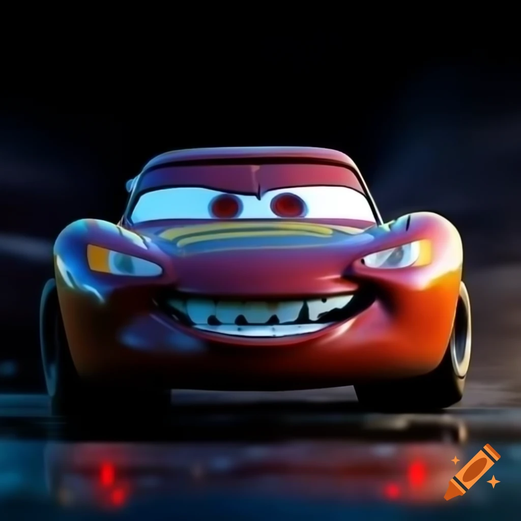 Cartoon monstrous version of Lightning McQueen with sharp teeth and ...
