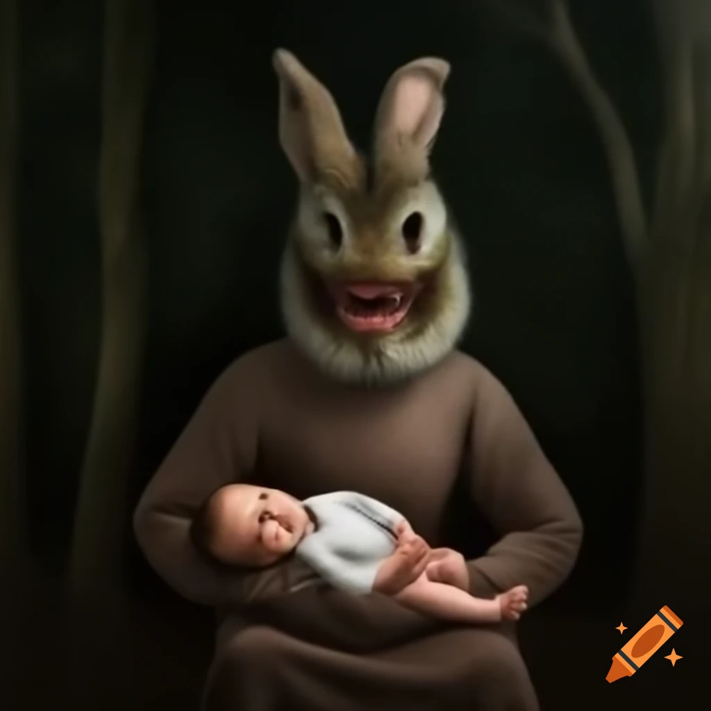 Person in menacing rabbit costume follows frightened child in dark ...