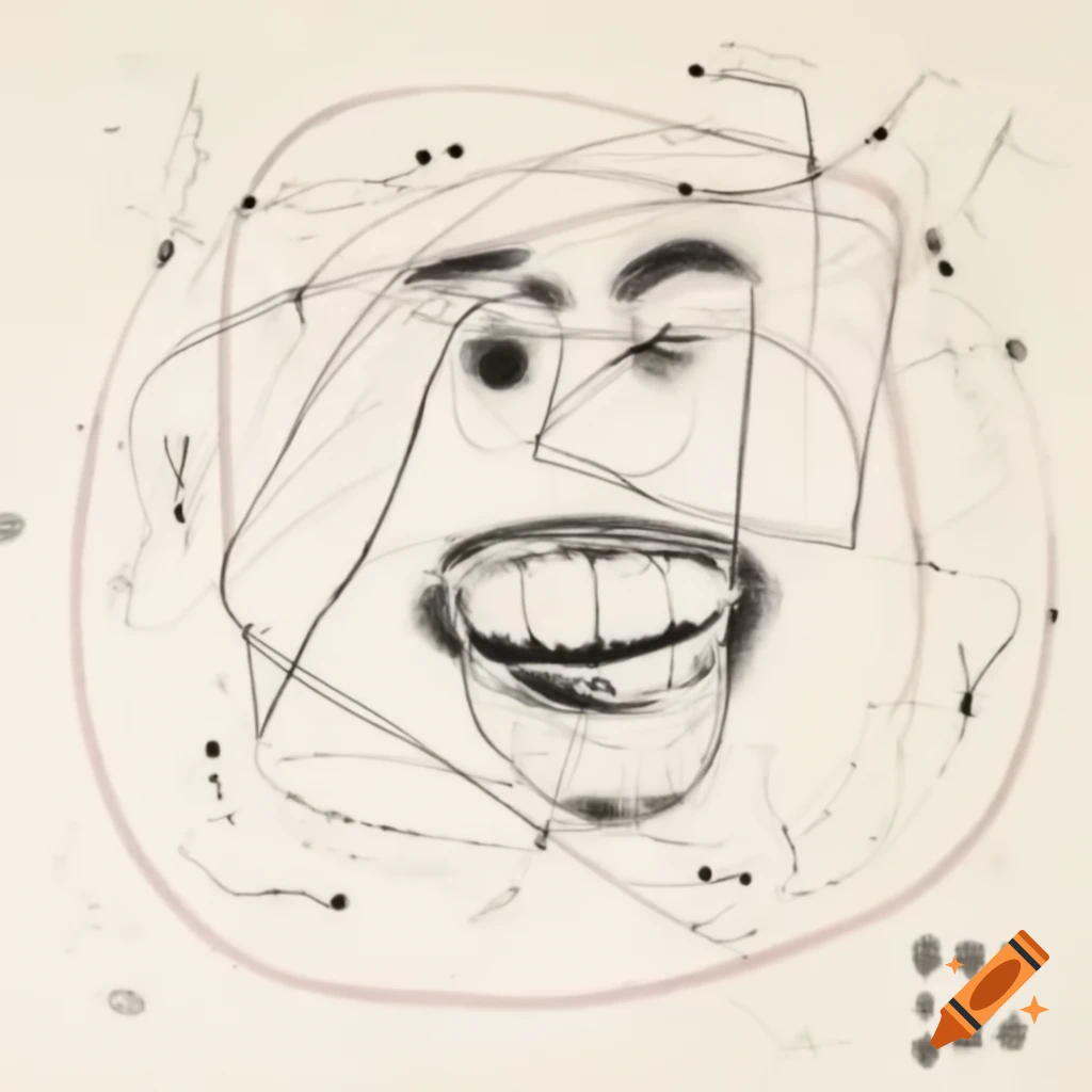 Abstract line drawing of laughing face with geometric curves and stains ...