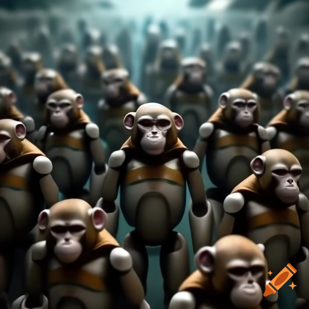 Colorful concept art of robot monkeys preparing for an invasion on Craiyon