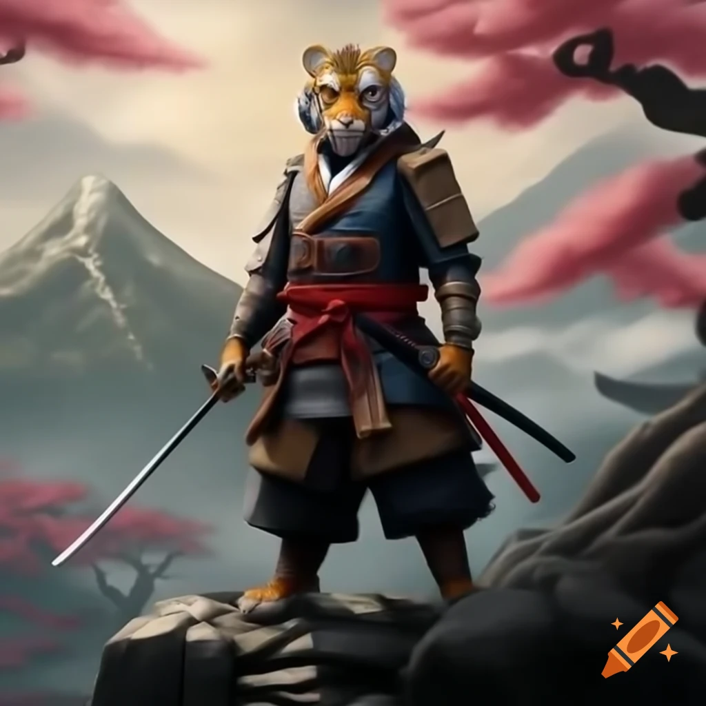 White tiger samurai with katana on mountain near cherry blossom tree on ...