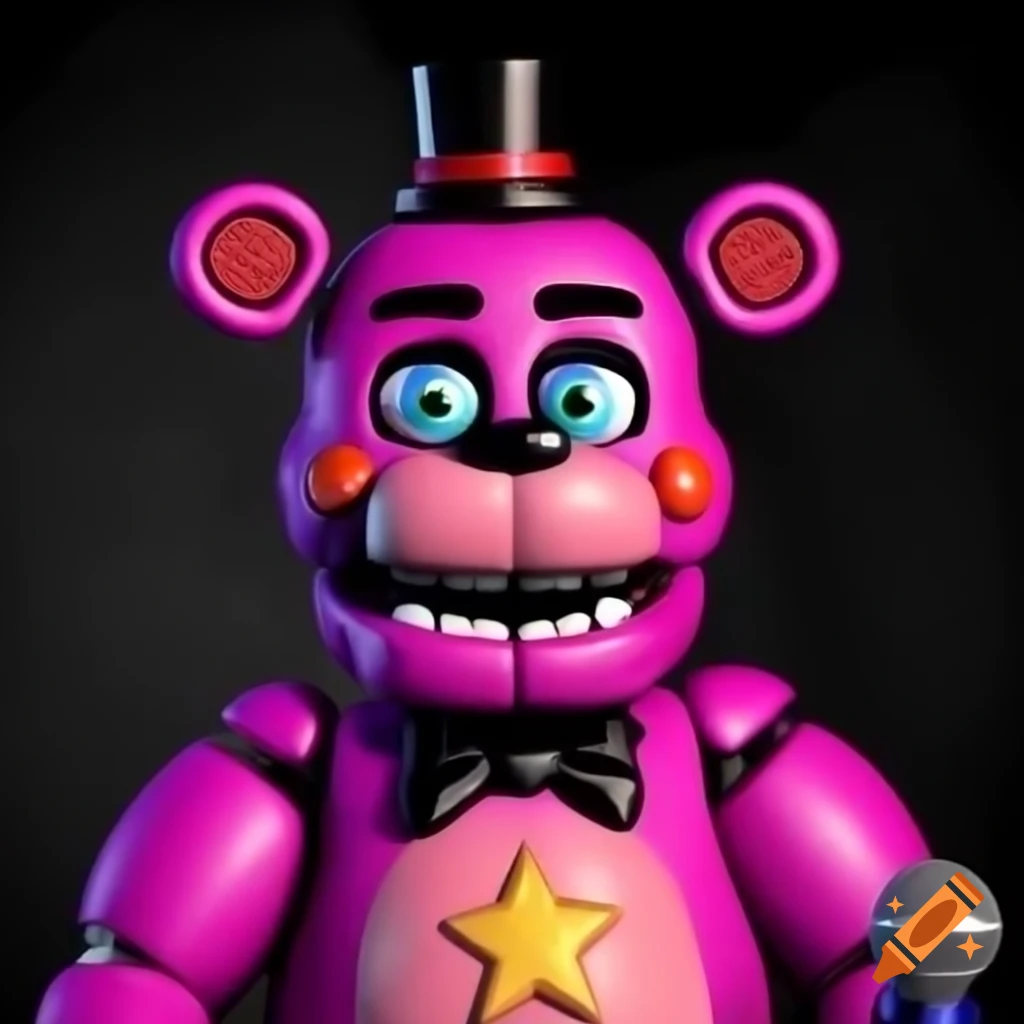 Pink animatronic bear named Freddy holding microphone with star speaker ...