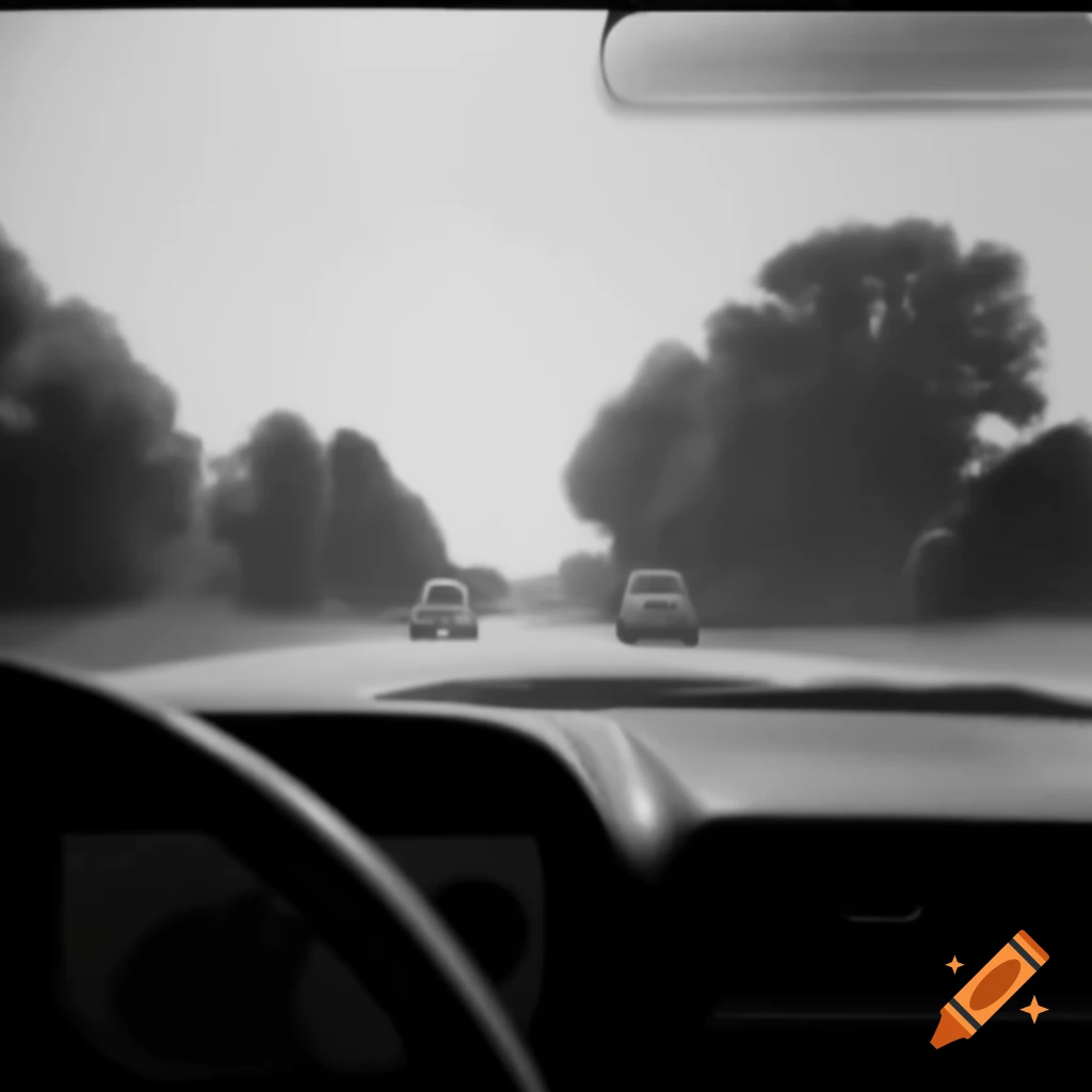Black and white film noir driver's POV of car speeding through rural ...
